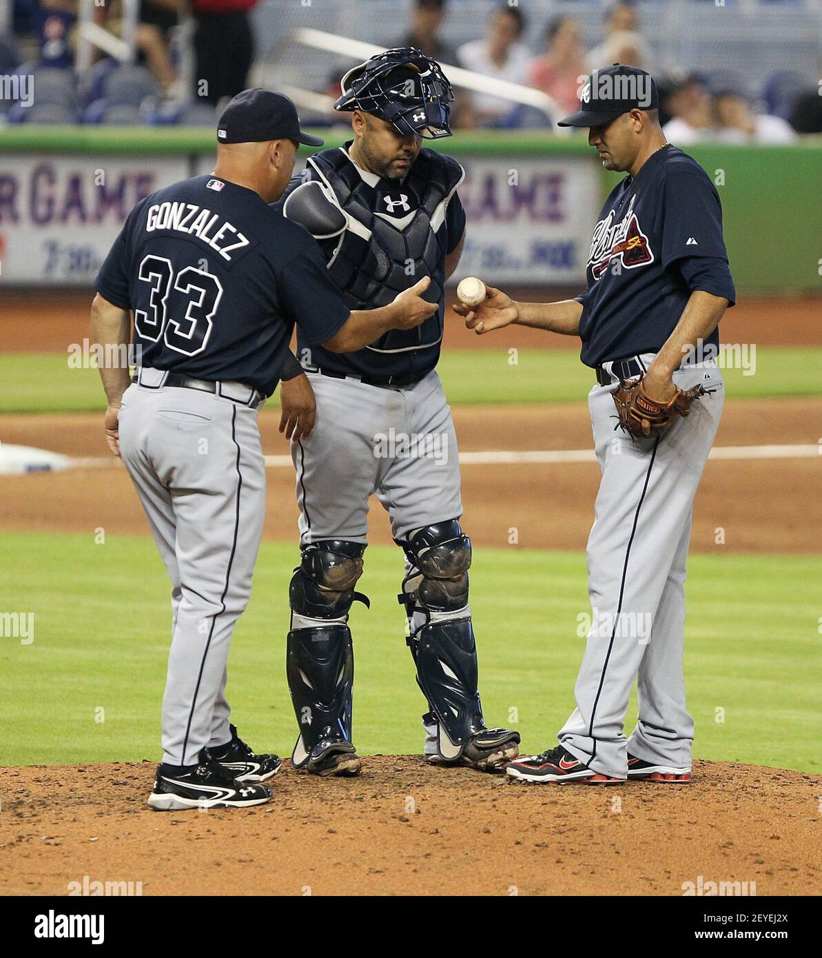 Atlanta Braves manager Fredi Gonzalez relieves pitcher Luis Ayala ...