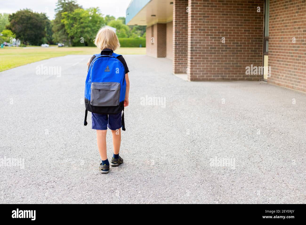 Little blond child carrying blue backpack, walking to school. Back to ...