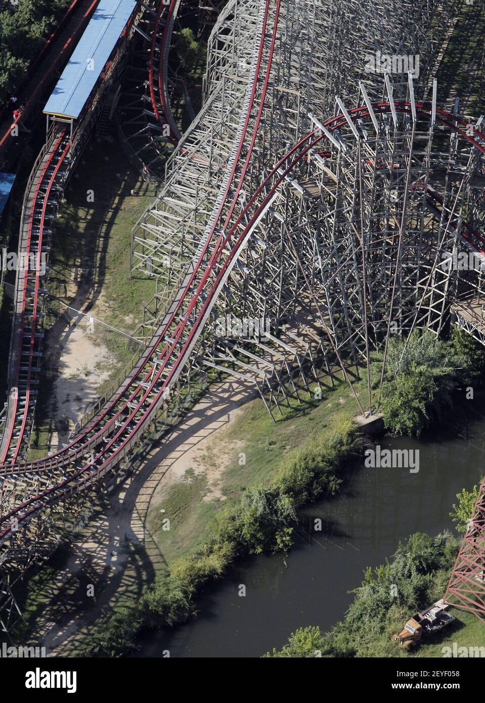 An aerial photo of the Texas Giant is shown, a day after a woman fell ...