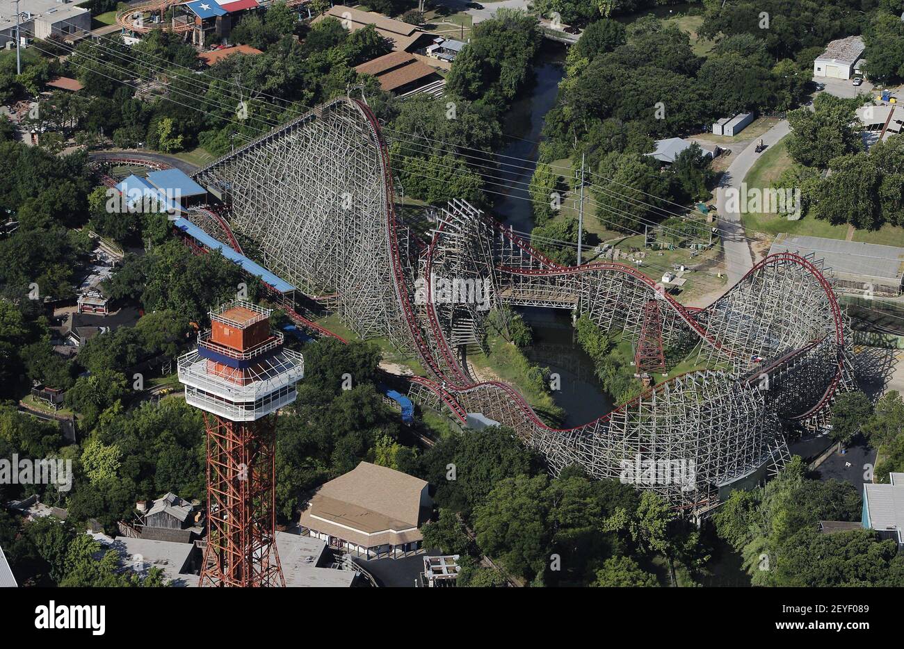 An aerial photo of the Texas Giant is shown, a day after a woman fell ...