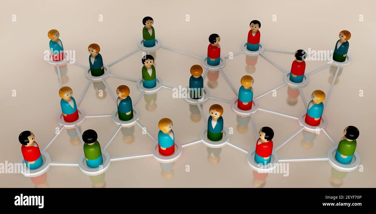 Wooden colorful people figurines connected to each other by white lines ...