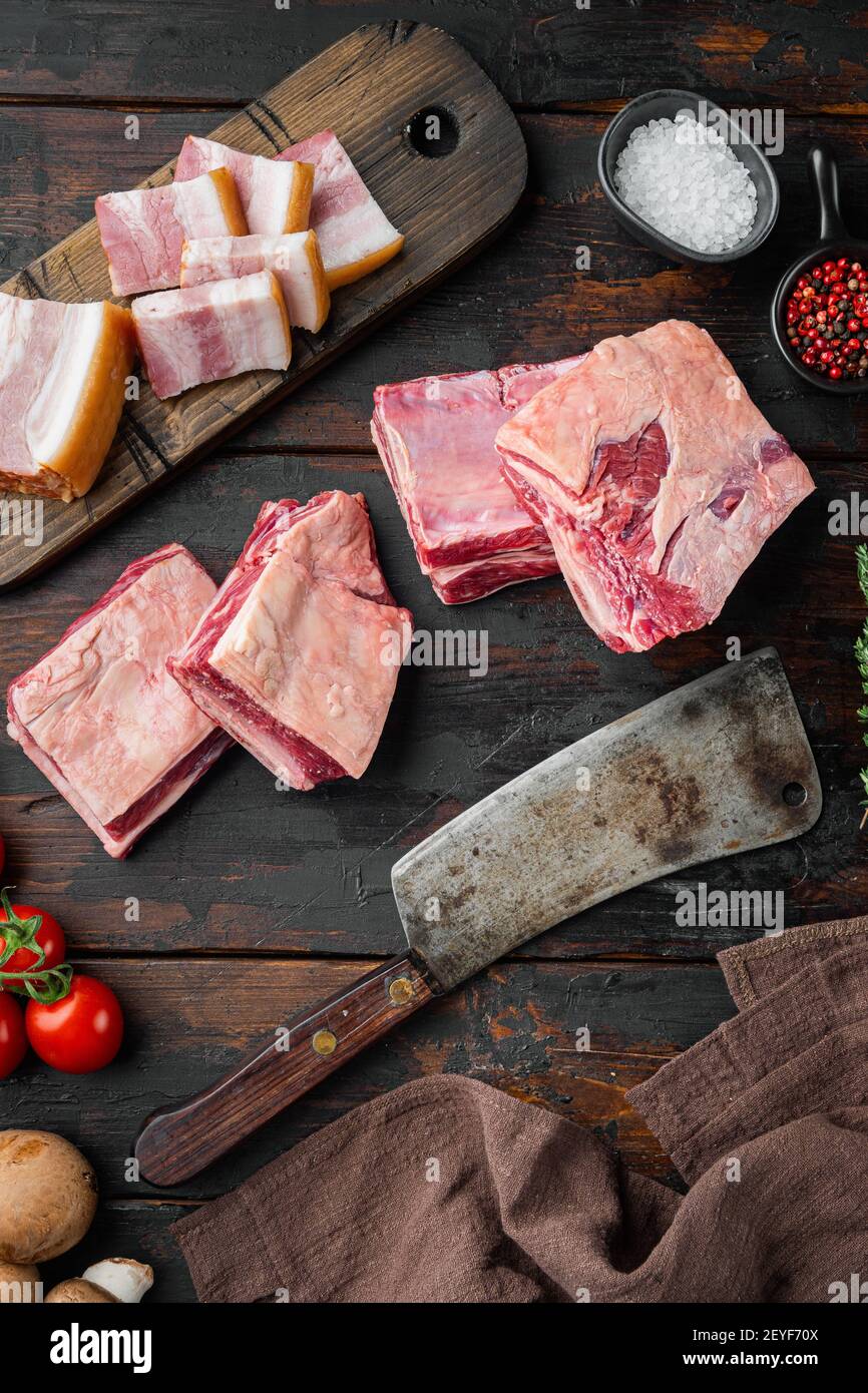 Raw Black Angus Marbled Beef Ribs set, with ingredients, and old ...