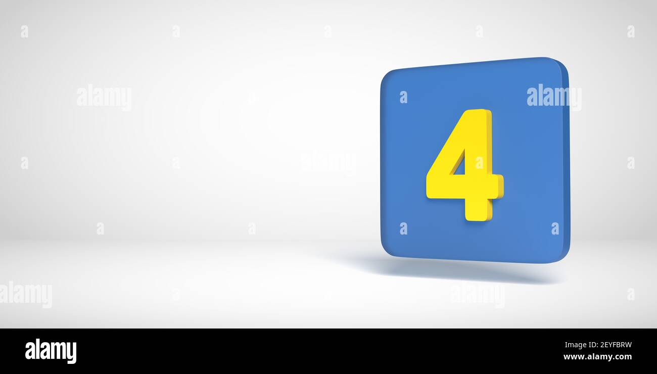 3D render numbers collection: Yellow no. 4, four, in blue flat box ...