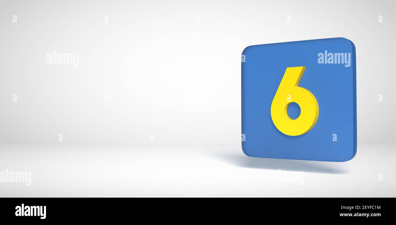 3D render numbers collection: Yellow no. 6, six, in blue flat box ...
