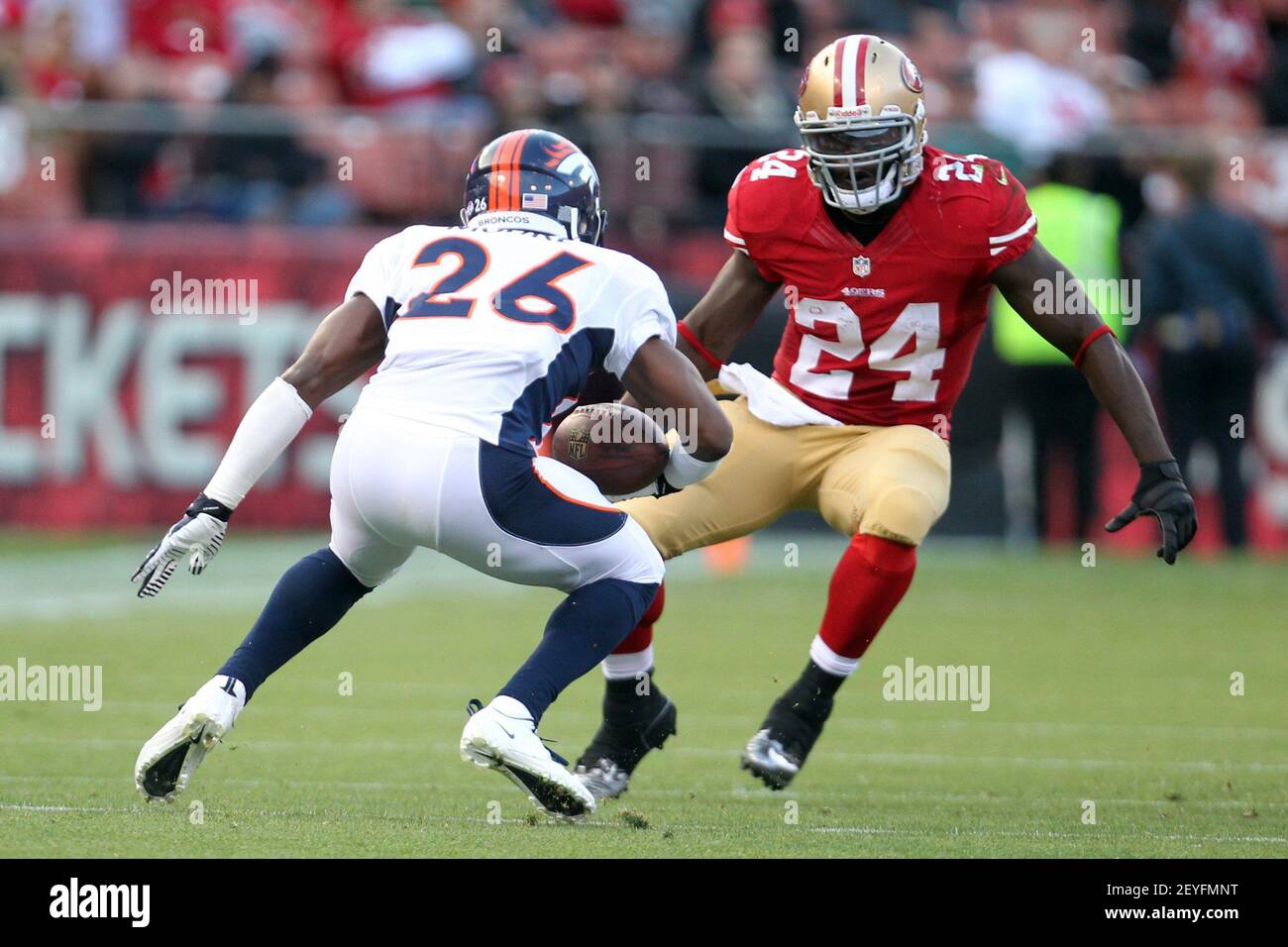 The Denver Broncos' Rahim Moore (26) tries to elude the San Francisco ...
