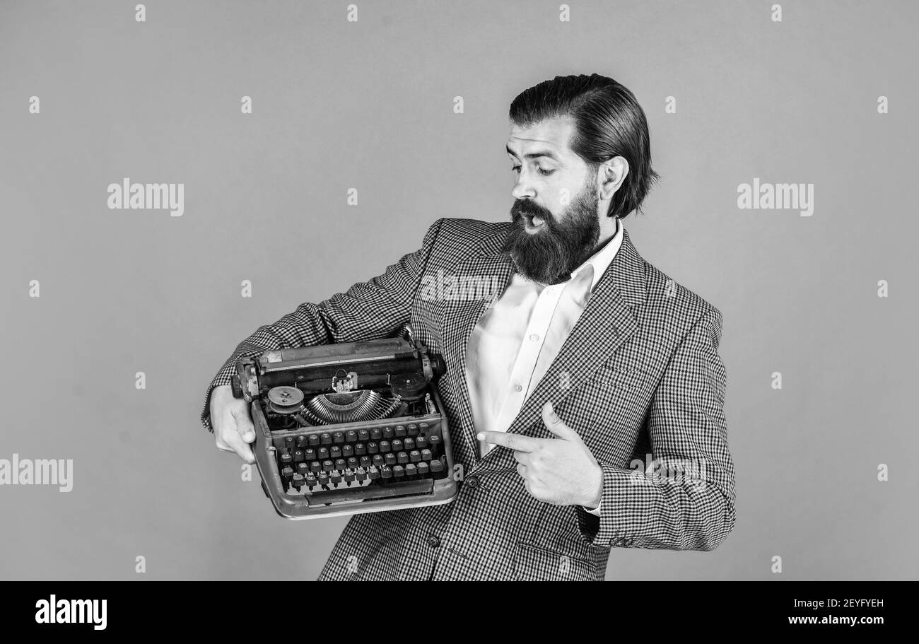 first draft. professional typist make notes typing. modern and old ...