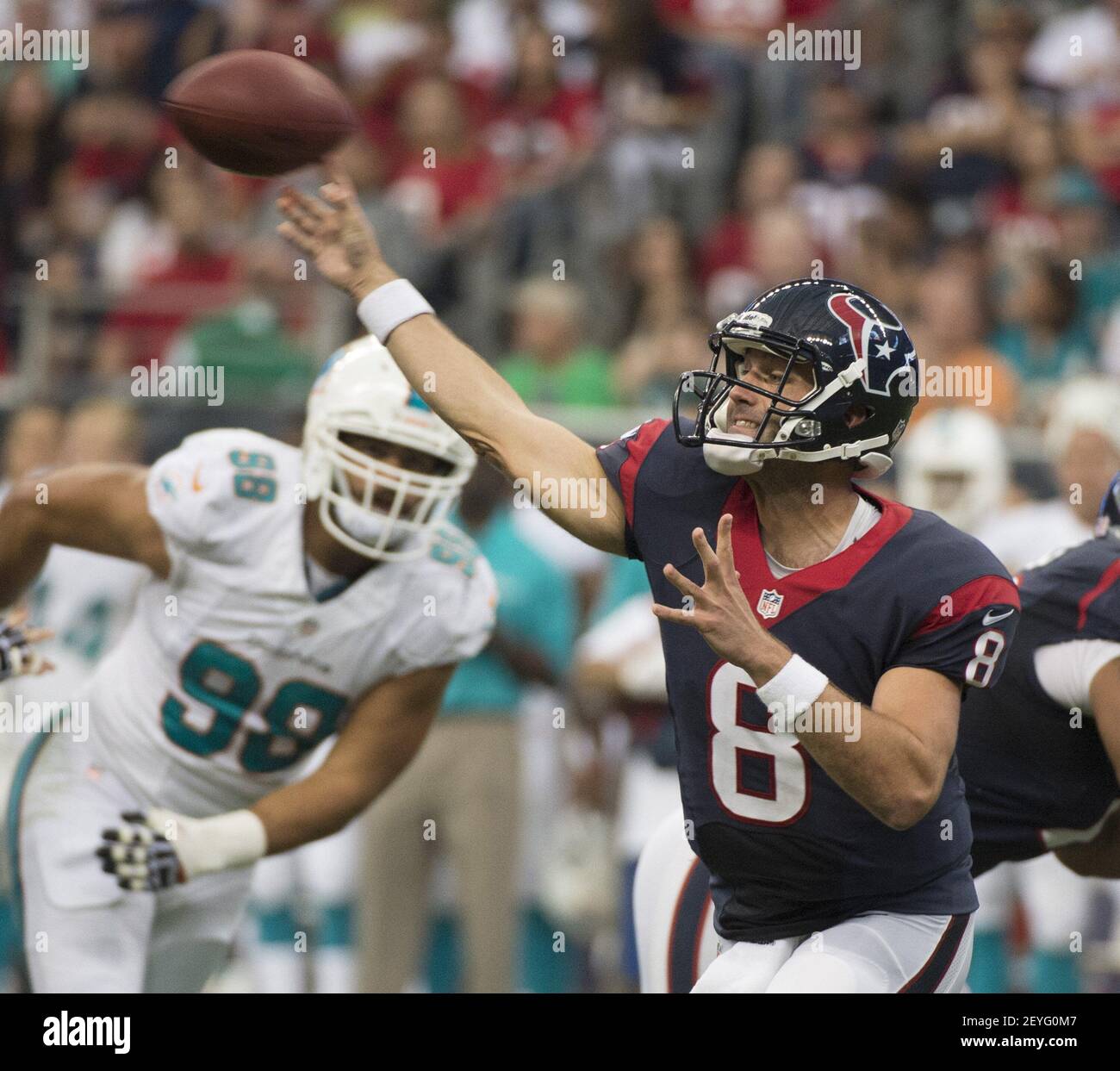 Matt Schaub (8) of the Houston Texans makes a pass against the Miami ...
