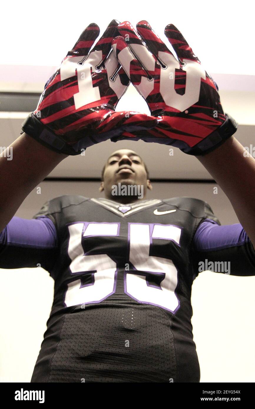 Texas Christian University defensive end Devonte Fields shows off the ...