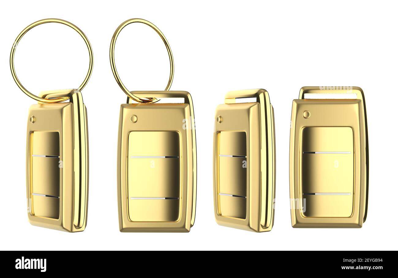 3d rendering set of gold car key or car remote control on white ...