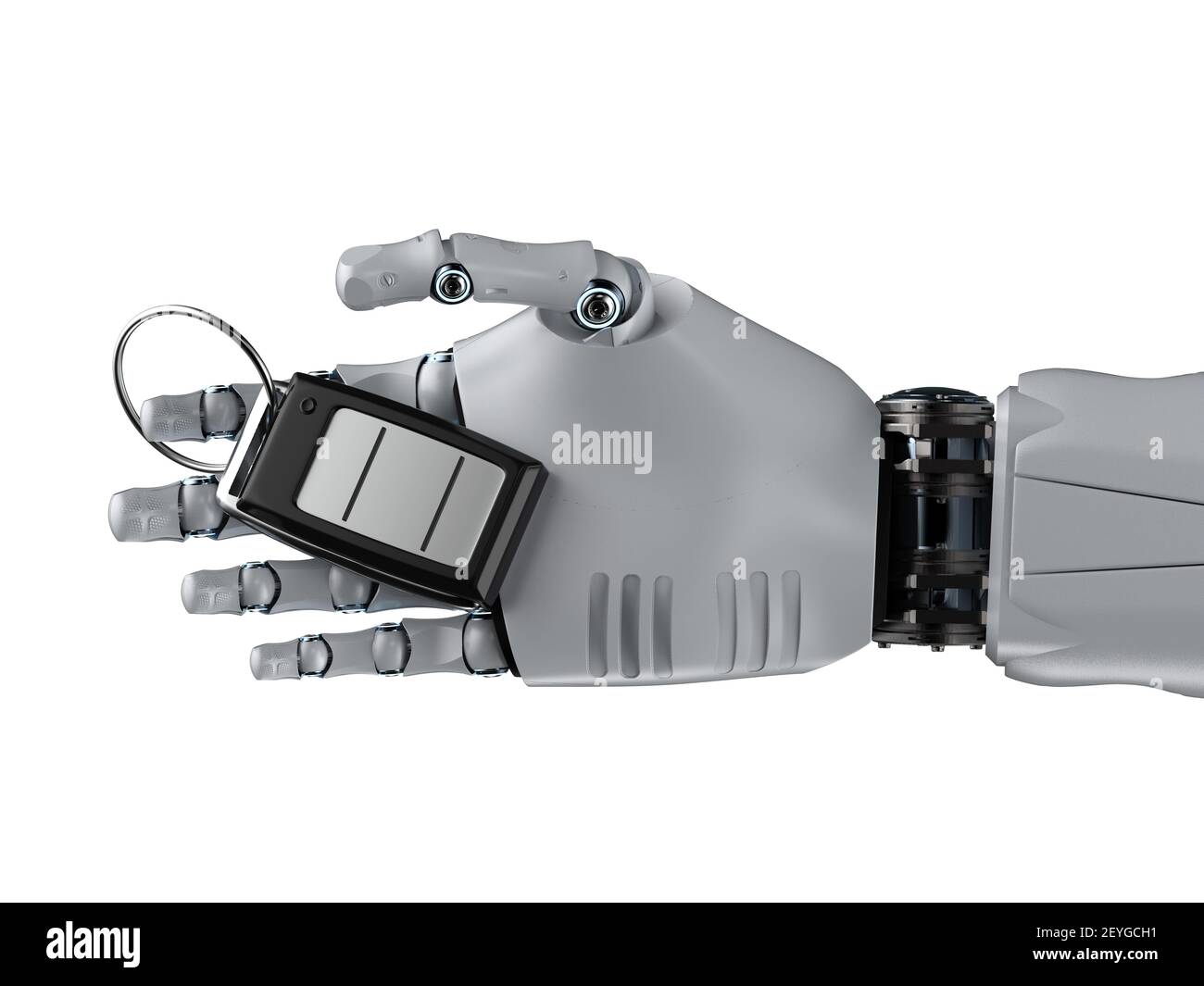 3d rendering robot hold car key or car remote control on white ...