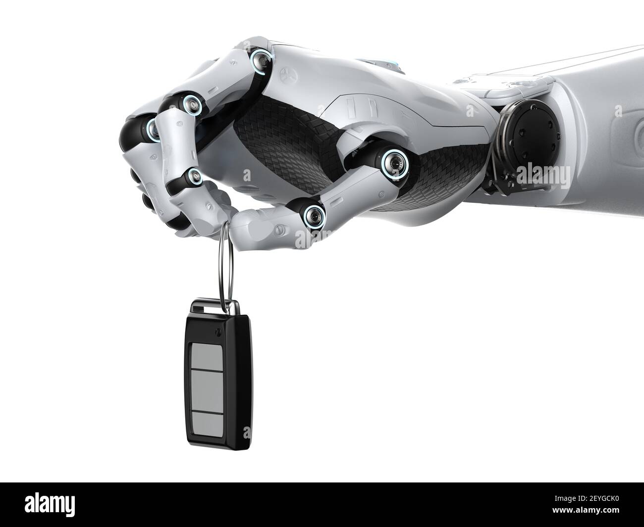 3d rendering robot hold car key or car remote control on white ...