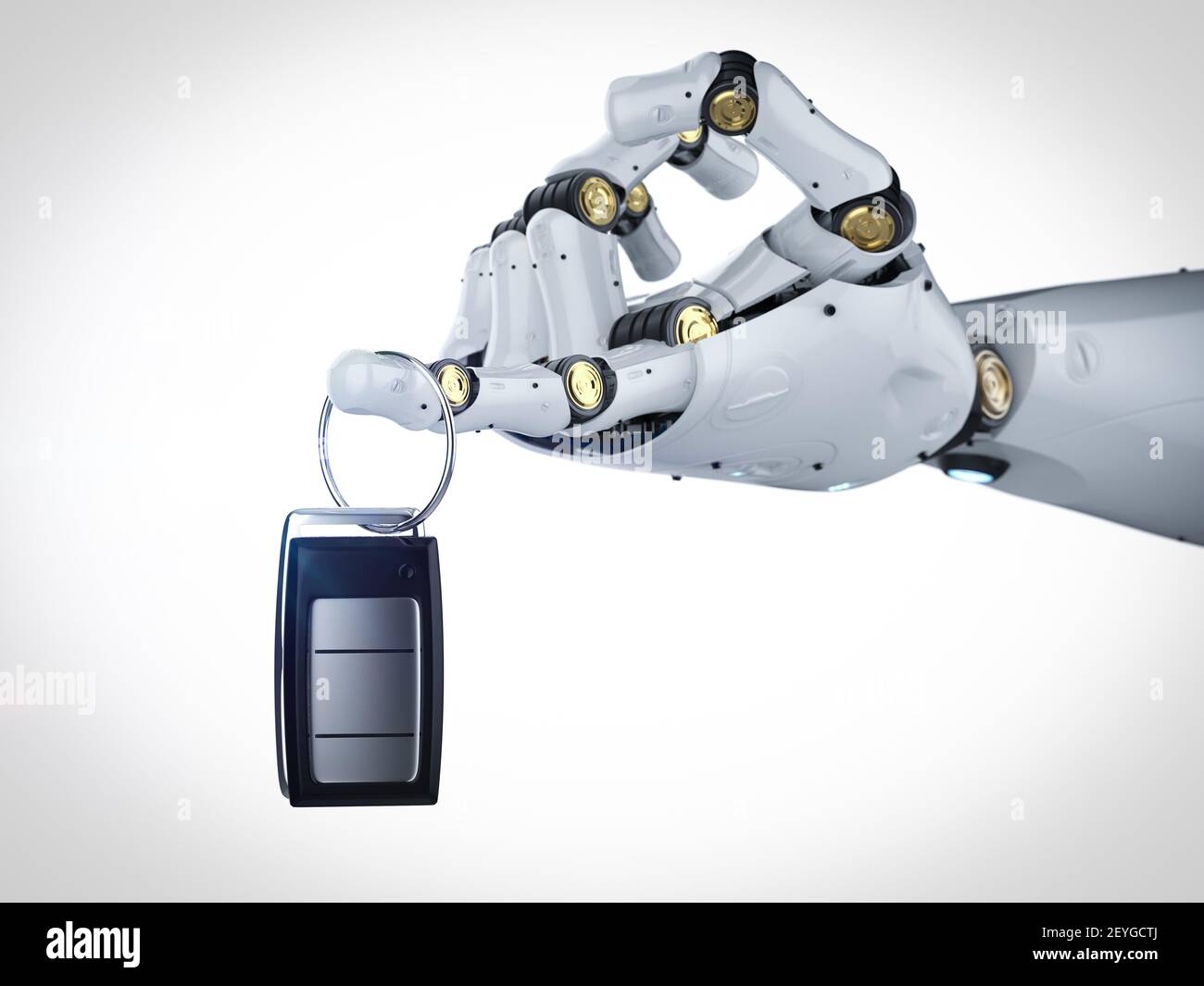 3d rendering robot hold car key or car remote control on white ...