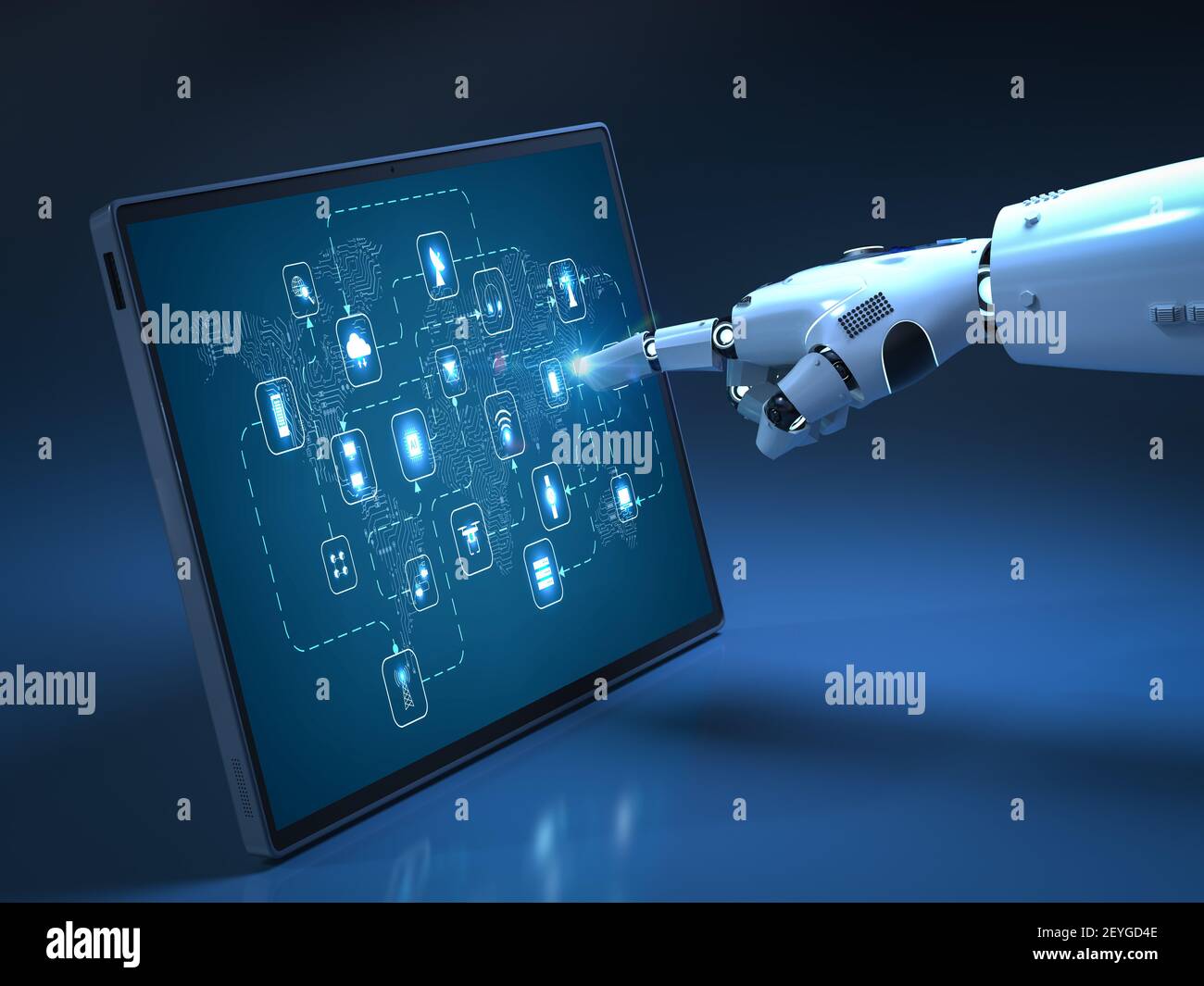 3d rendering robot working with hud or graphic display on digital ...