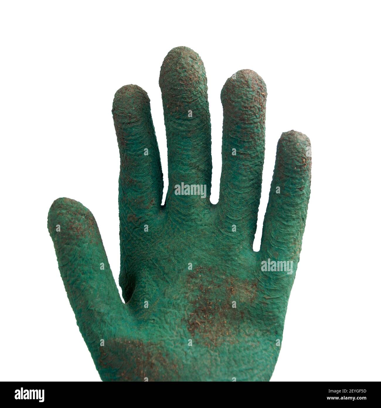Green gardening glove hand reaching out against a white background ...