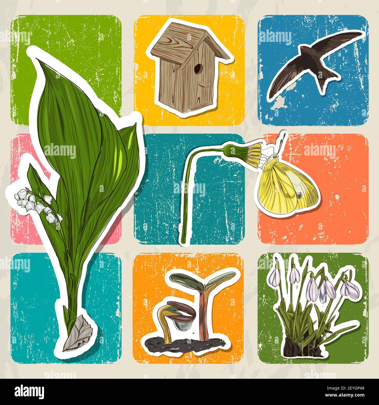 Bright poster with spring elements Stock Photo - Alamy