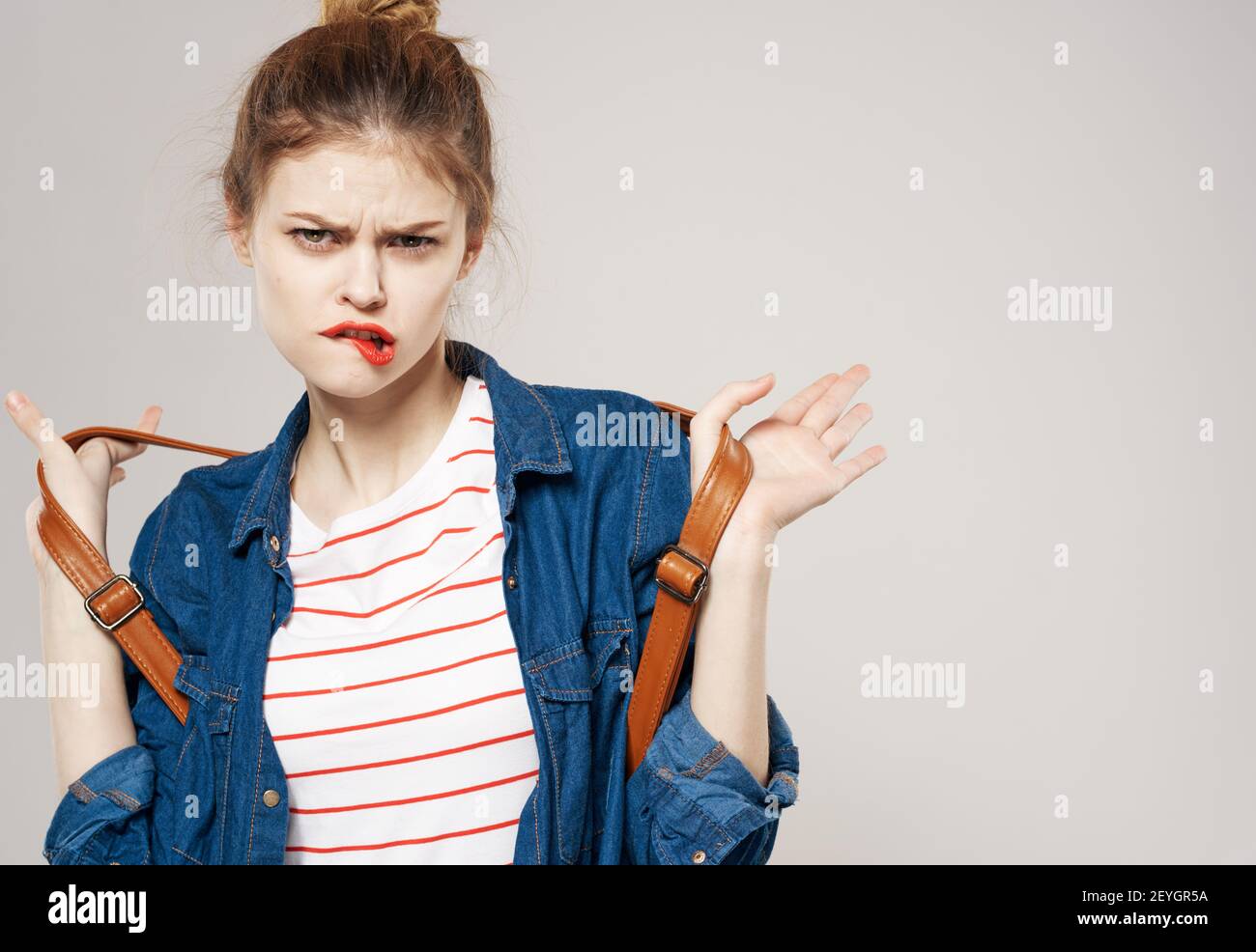 Pretty woman charm emotions gray background elegant style Stock Photo ...