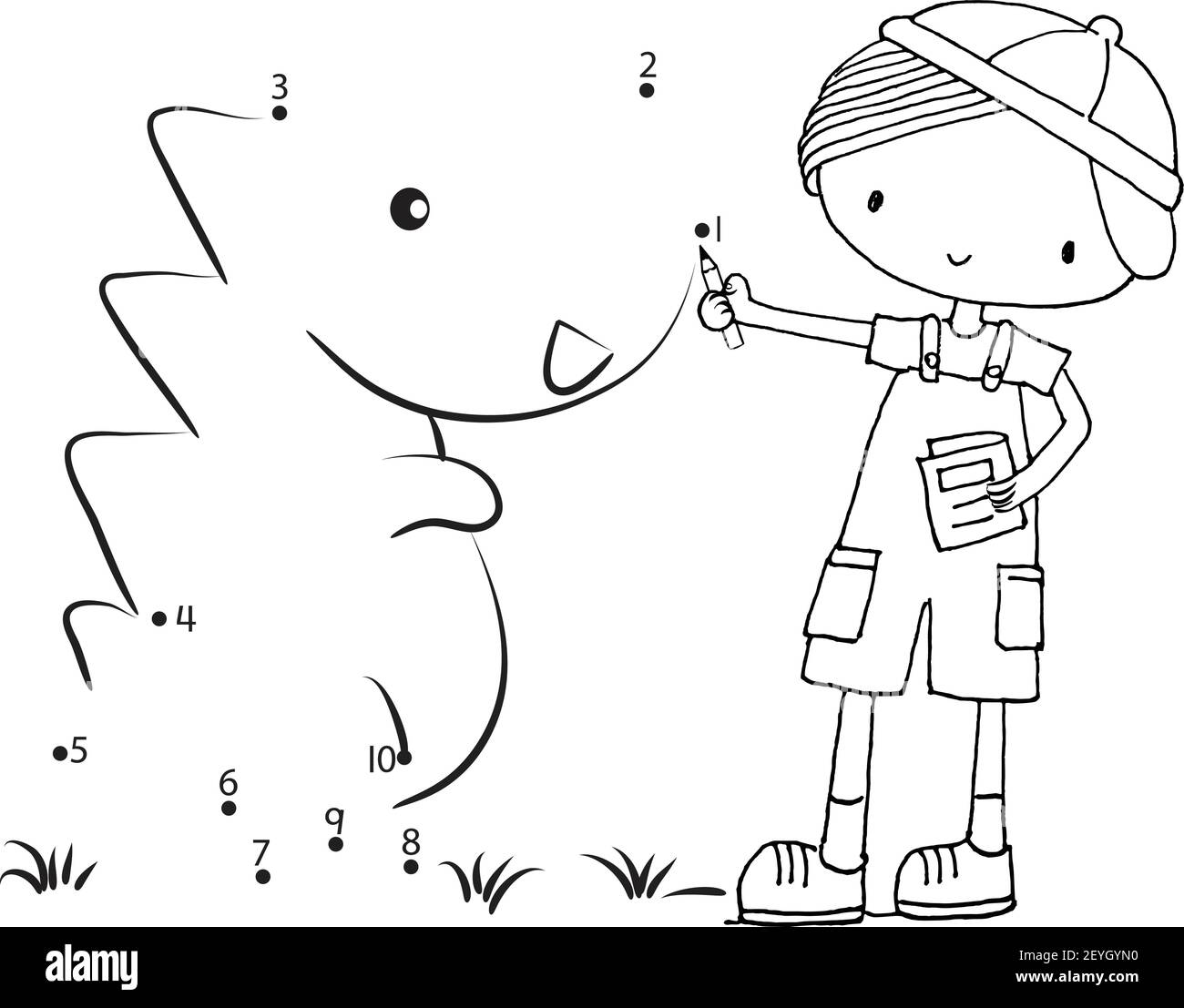 vector black and white cartoon boy draw dinosaur pre school activity ...