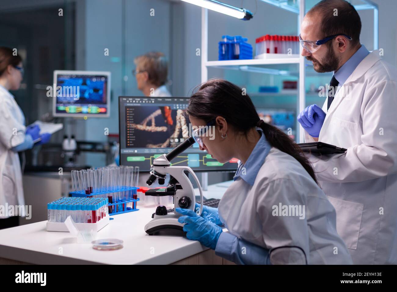 Team of medical research scientists analyzing virus disease using ...