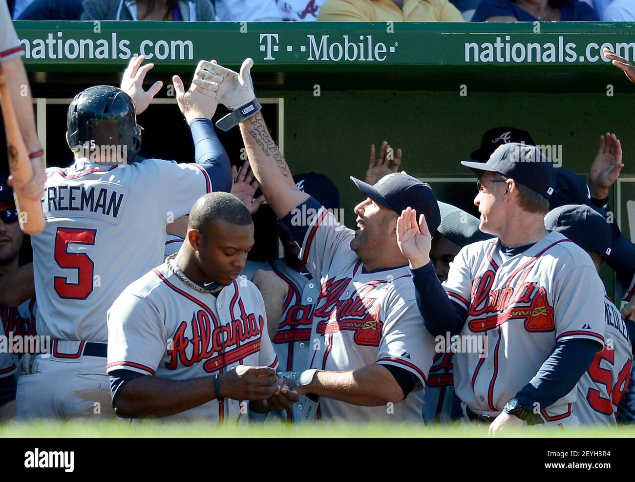 Atlanta Braves first baseman Freddie Freeman (5) celebrates in the ...