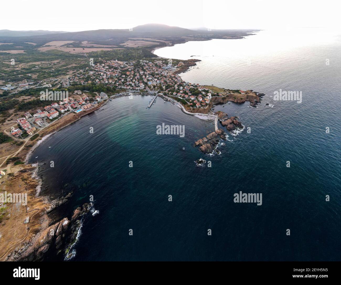 Amazing Aerial sunset panorama town of Ahtopol, Burgas Region, Bulgaria ...