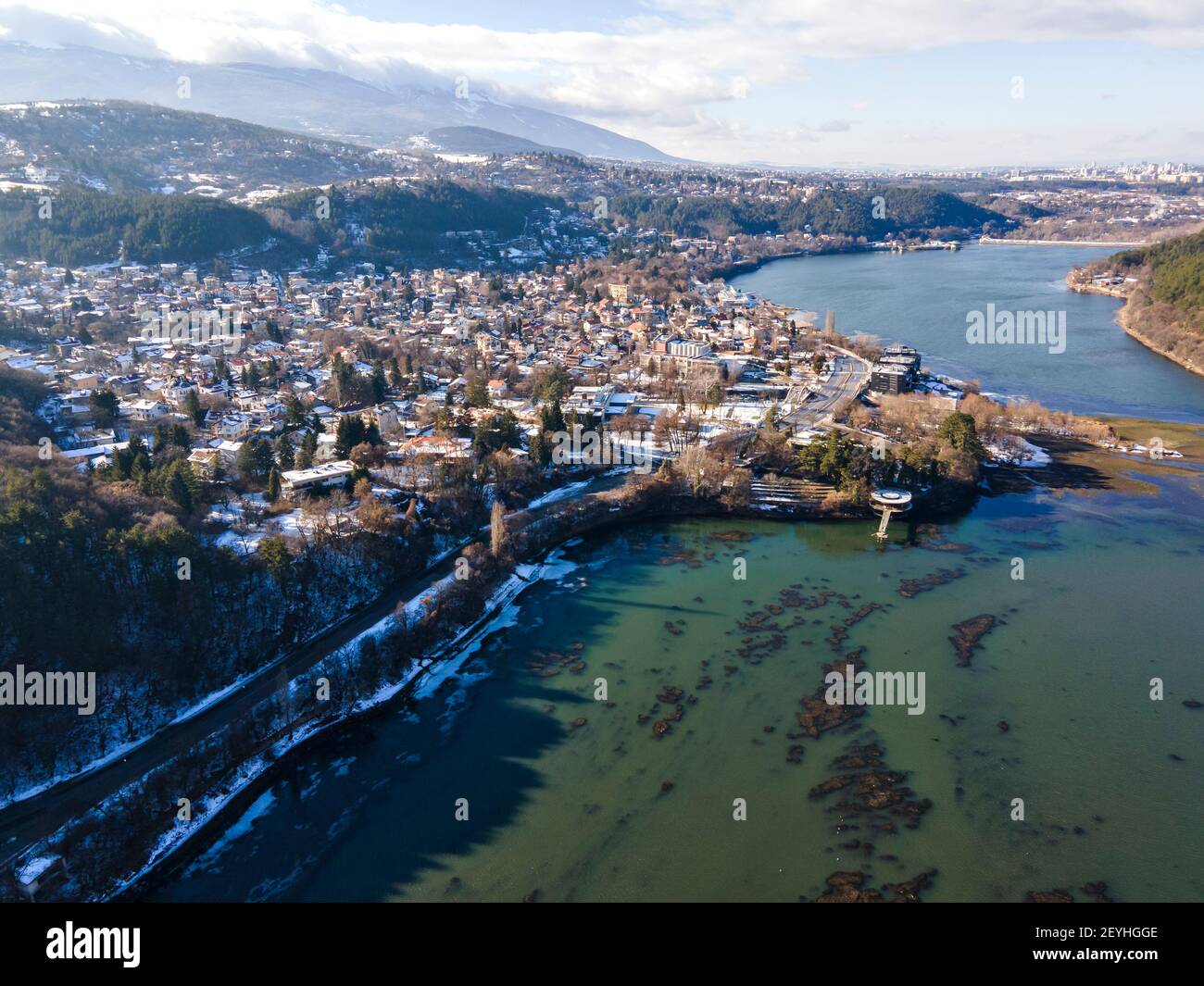 Aerial winter view of Pancharevo lake, Sofia city Region, Bulgaria ...
