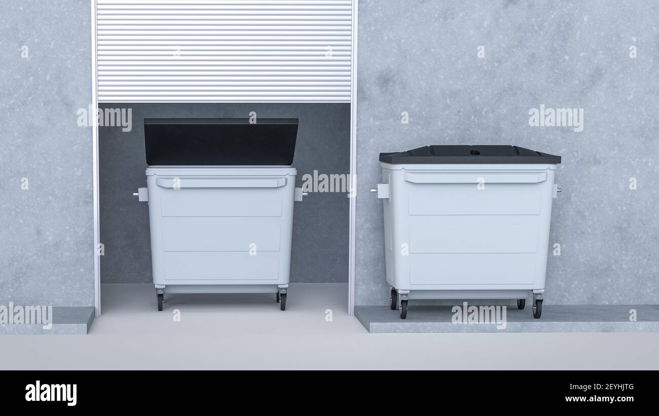 Front view of two 4 wheeled recycling garbage container beside the ...