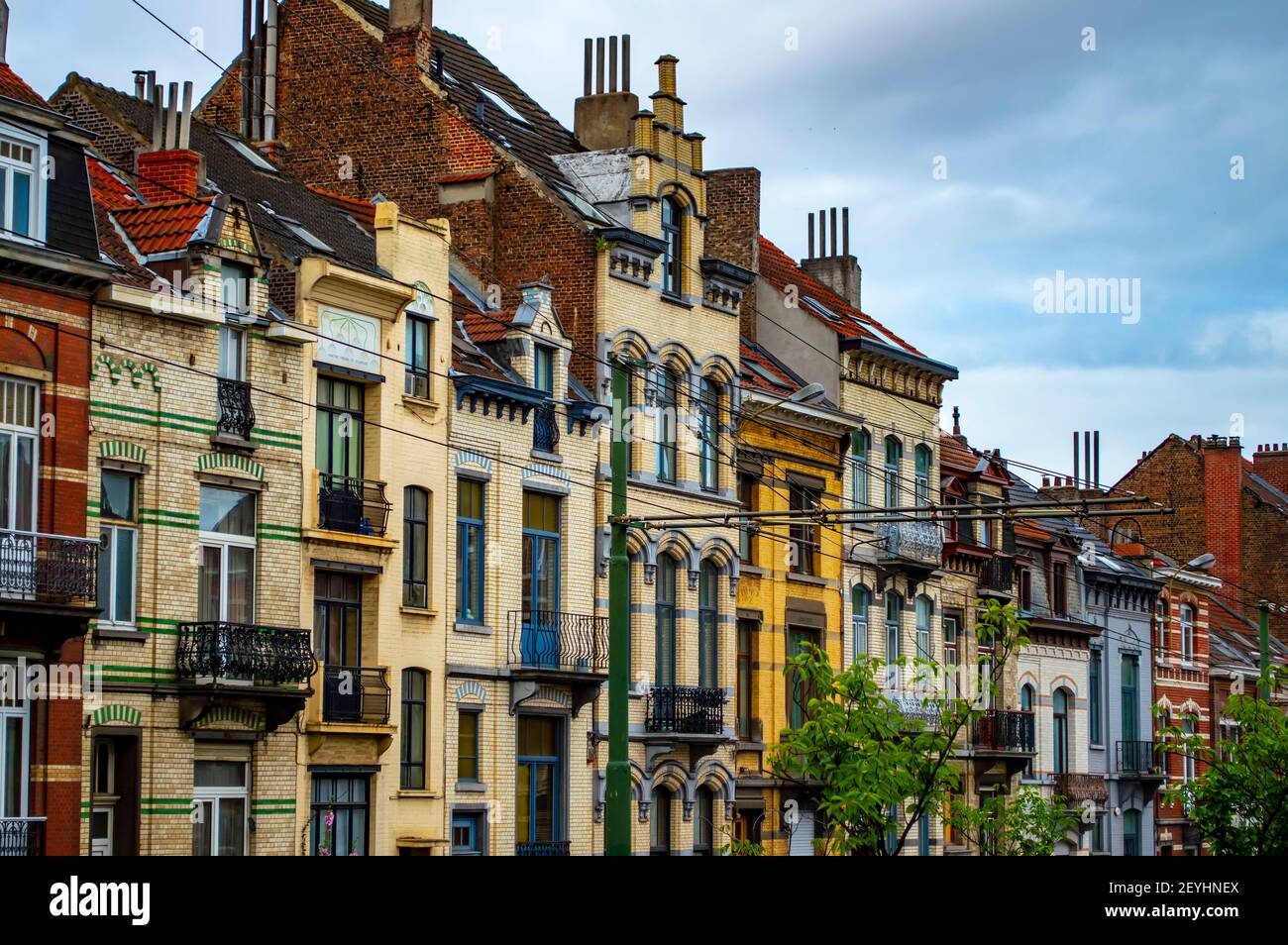 Brussels, Belgium - July 14, 2019: Colorful brick buildings of typical ...