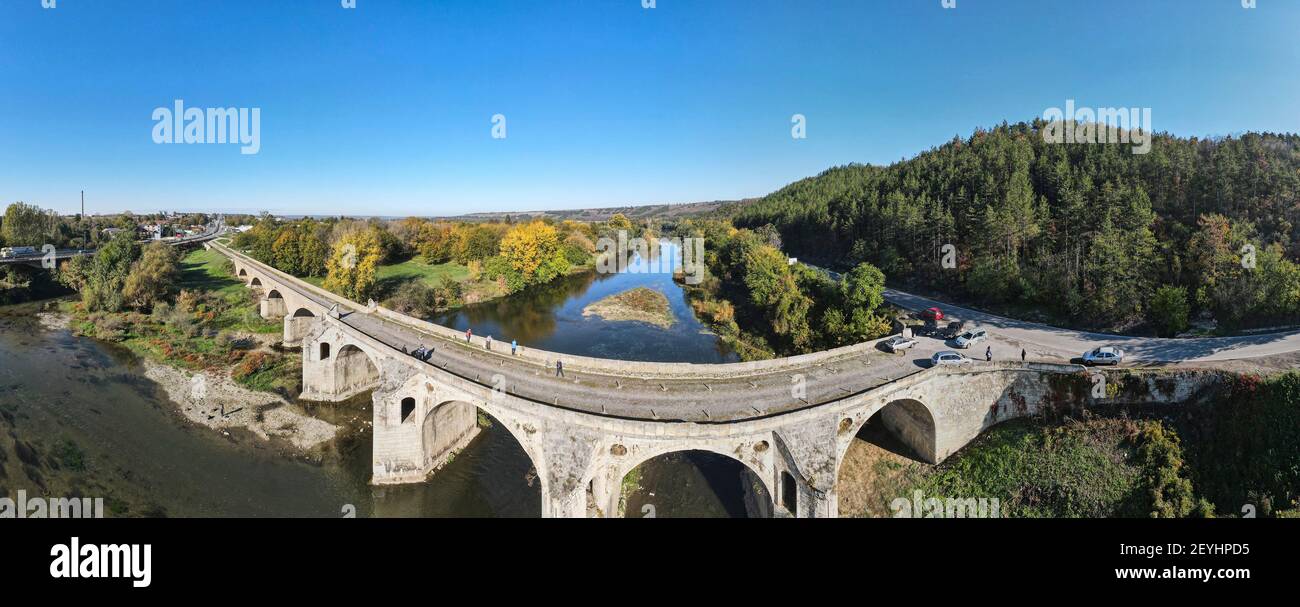 Aerial panorama of Nineteenth-century bridge over the Yantra River ...