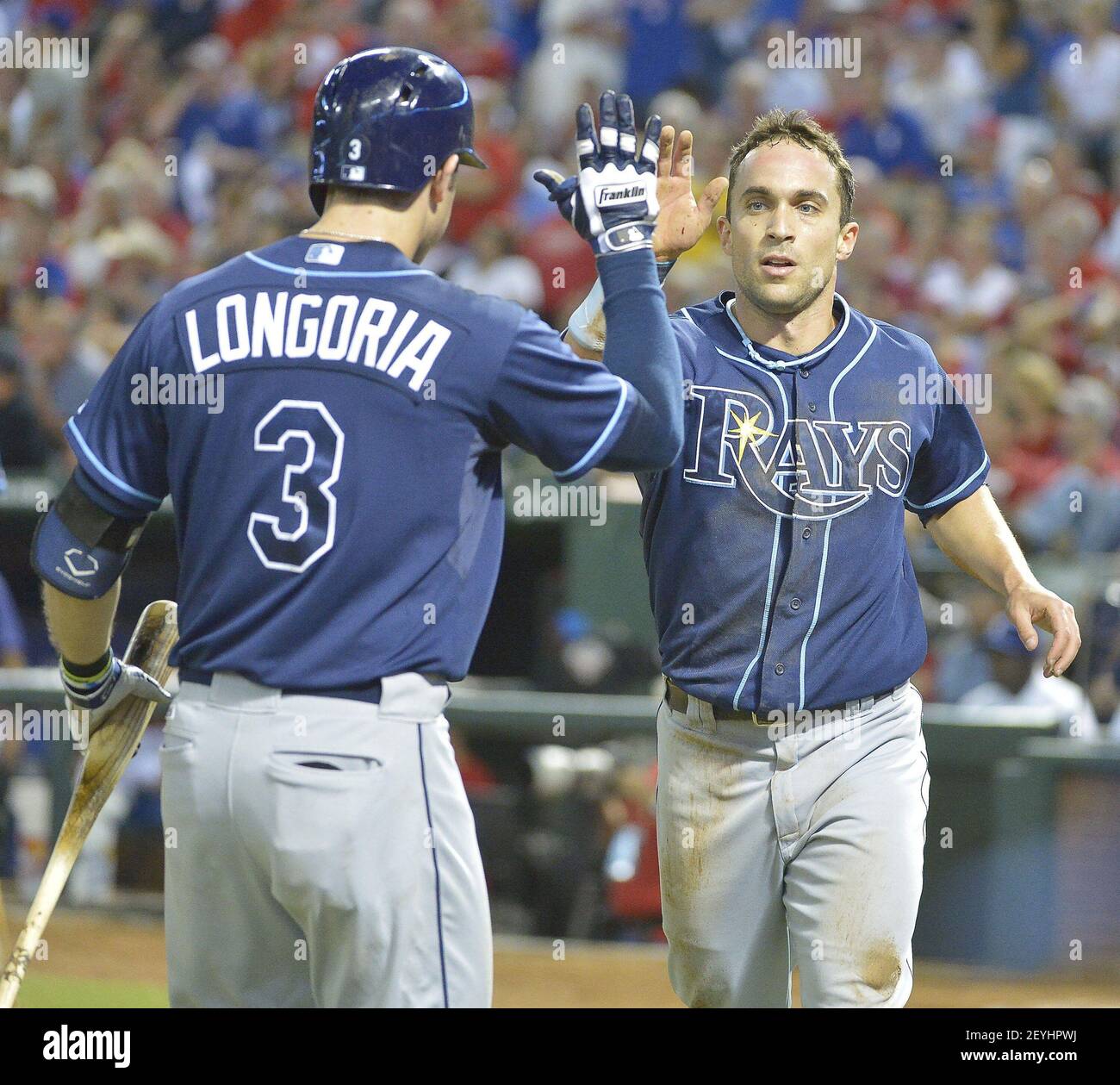 Tampa Bay Rays third baseman Evan Longoria (3) congratulates Sam Fuld ...