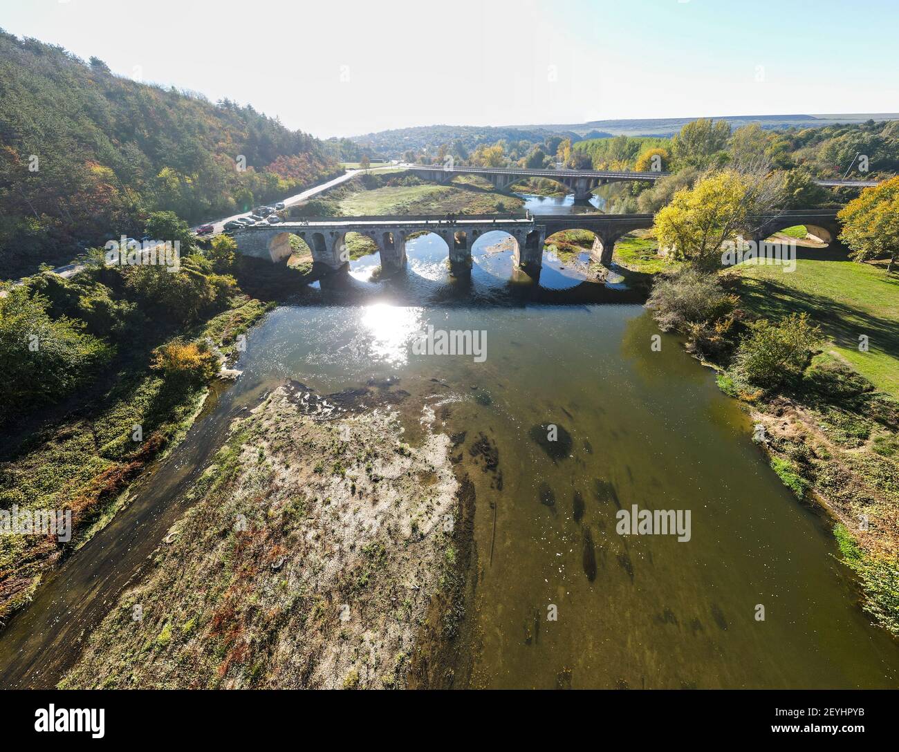 Aerial panorama of Nineteenth-century bridge over the Yantra River ...