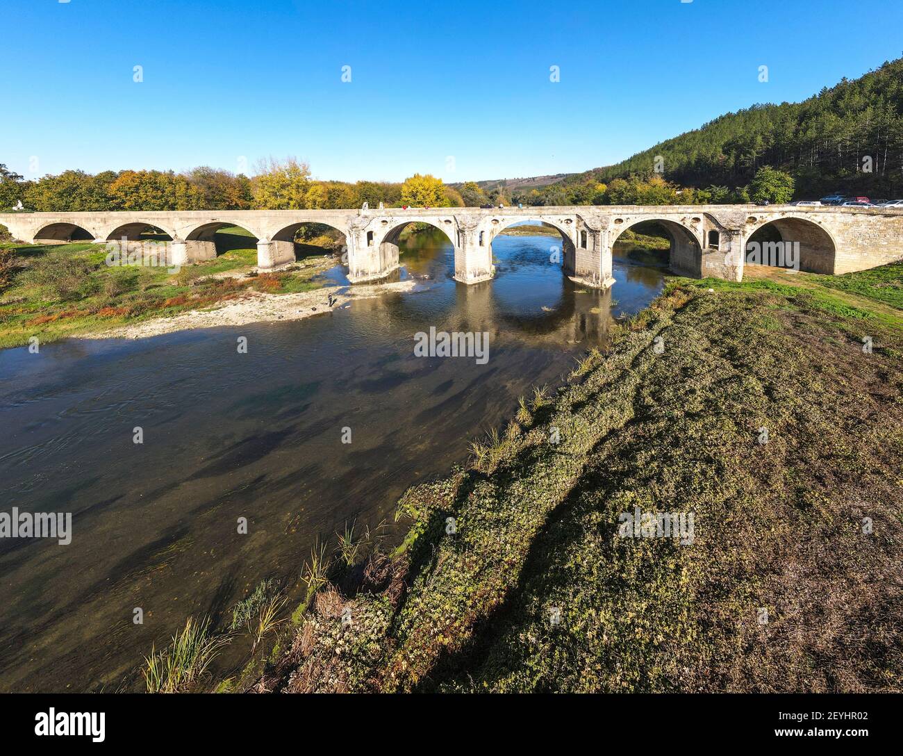 Aerial panorama of Nineteenth-century bridge over the Yantra River ...