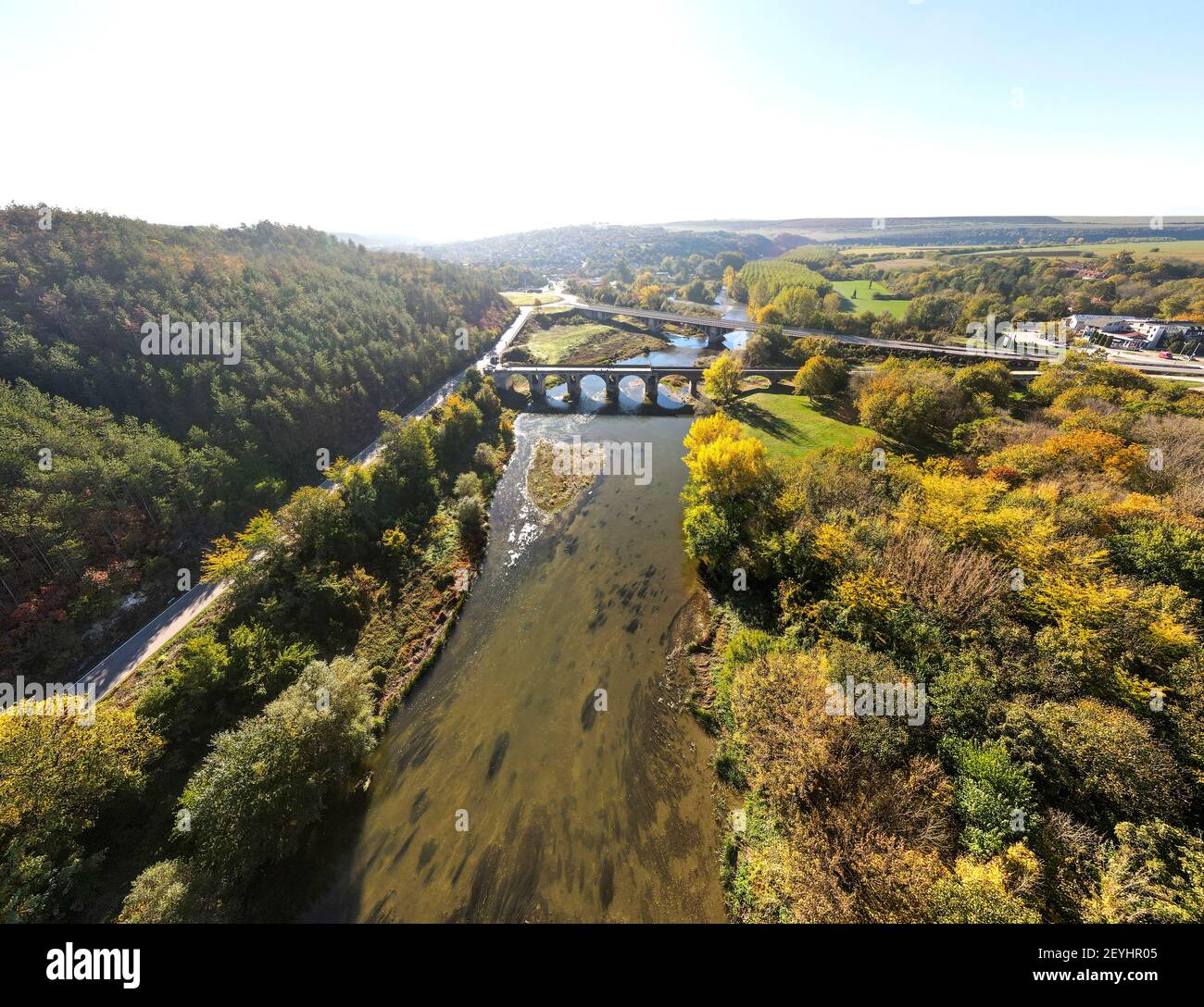 Aerial panorama of Nineteenth-century bridge over the Yantra River ...