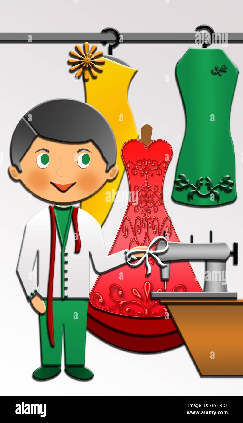 Cartoon of a cute Happy Dressmaker / Seamster, with dresses, in his ...