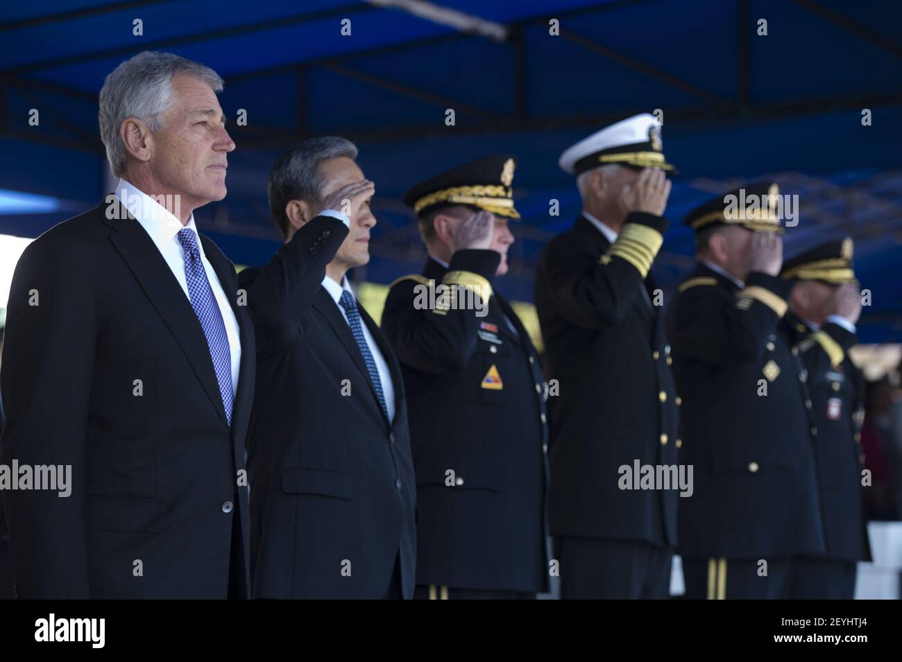 Secretary of Defense Chuck Hagel stands with Republic of Korea Minister ...