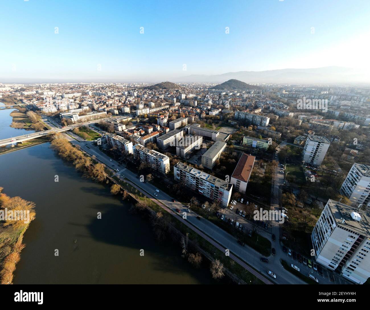 Amazing Aerial view of Maritsa river and panorama to City of Plovdiv ...