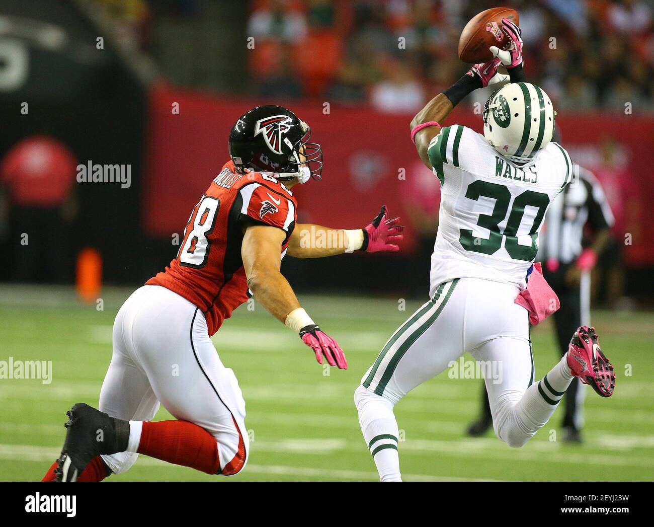 New York Jets cornerback Darrin Walls nearly intercepts a pass intended ...