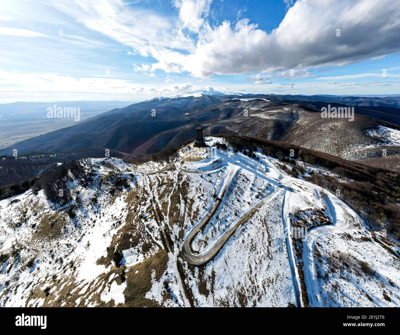 SHIPKA, BULGARIA - JANUARY 24, 2021: Aerial panorama of Monument to ...