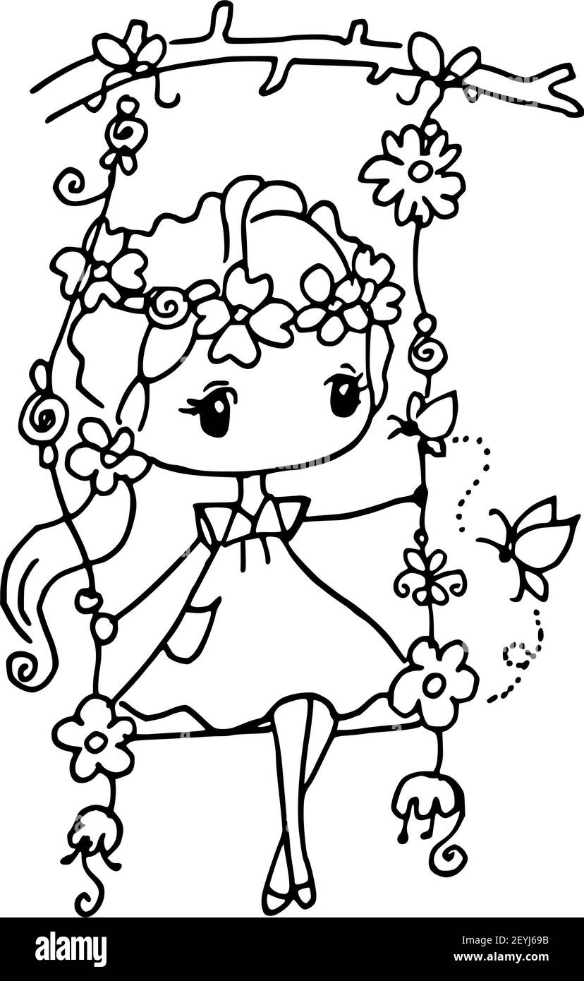 Black And White Vector Cartoon Girl In The Flowers Garden Stock Photo Black And White Vector Cartoon Girl In The Flowers Garden Stock Photo