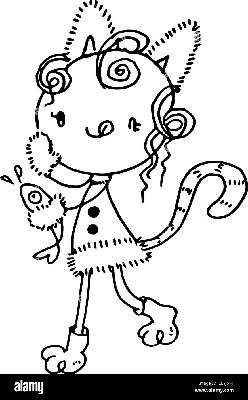 vector cartoon black and white cat girl eat fish Stock Photo - Alamy