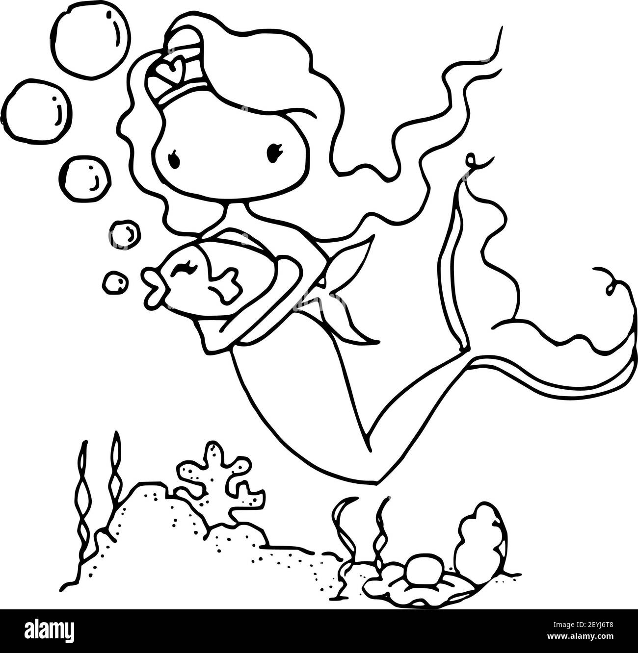 vector cartoon mermaid carry fish in the water Stock Photo - Alamy