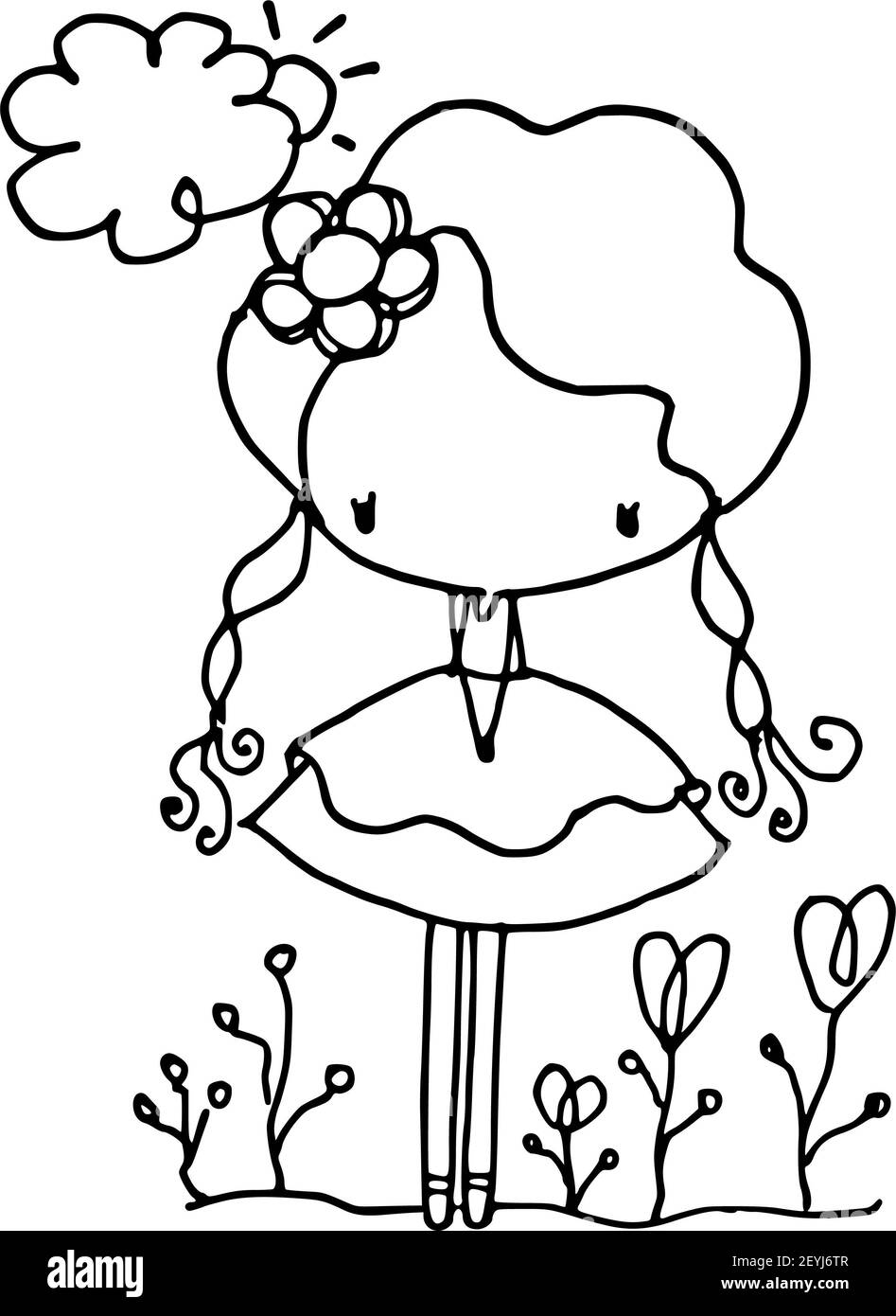 Black And White Vector Cartoon Girl In The Flowers Garden Stock Photo black-and-white-vector-cartoon-girl-in-the-flowers-garden-stock-photo