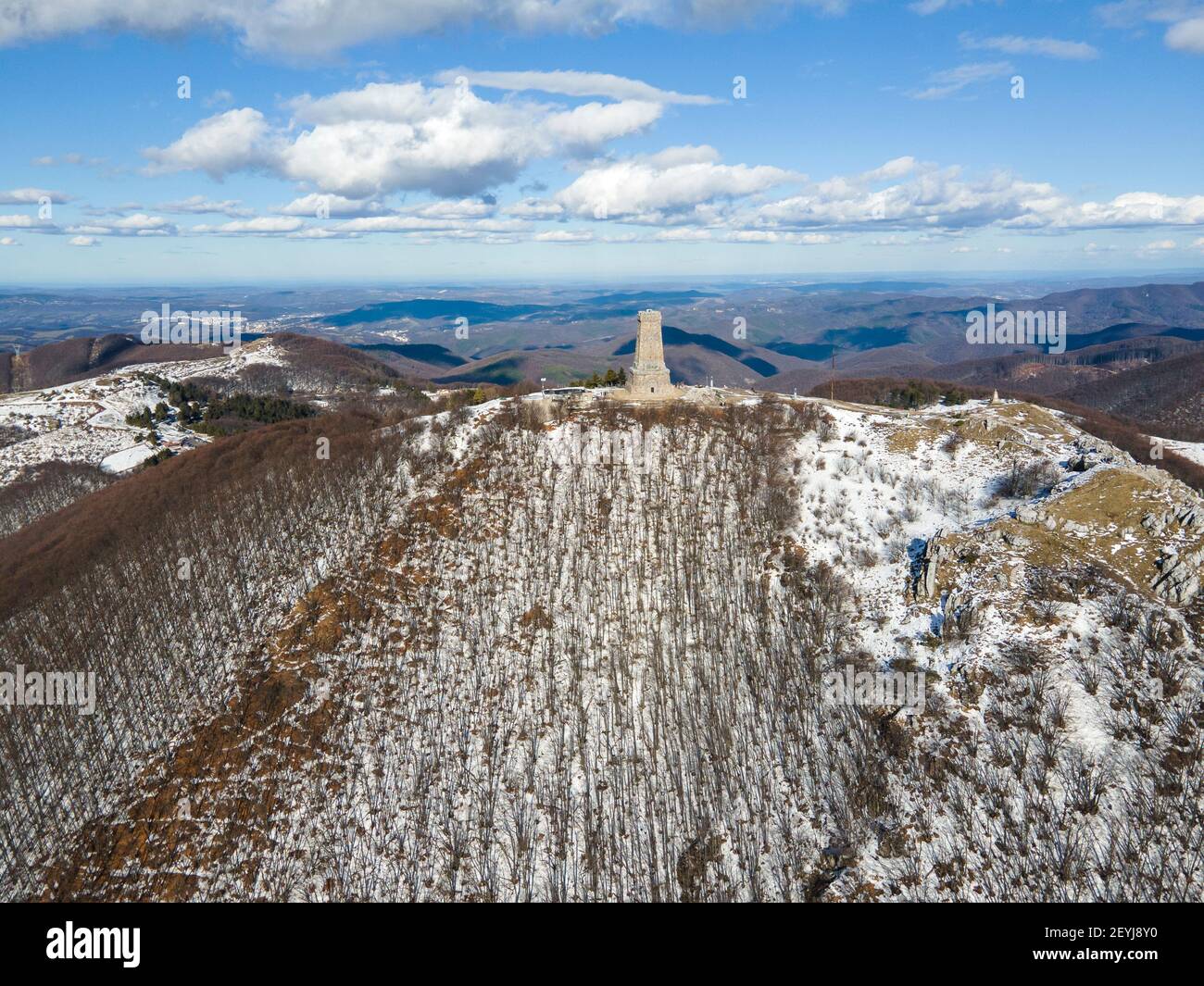 SHIPKA, BULGARIA - JANUARY 24, 2021: Aerial view of Monument to Liberty ...