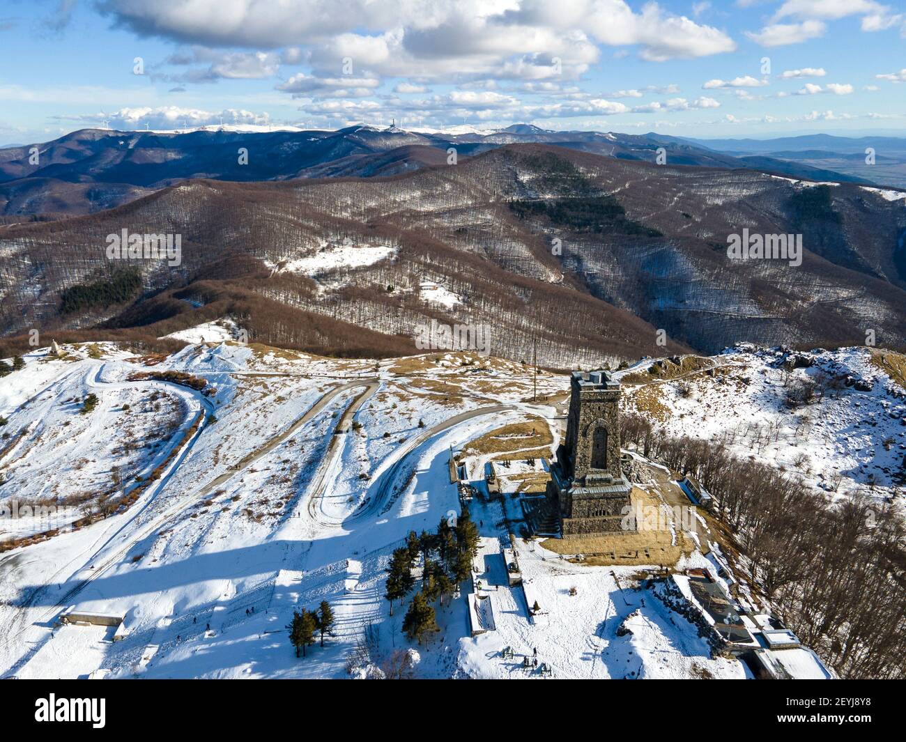 SHIPKA, BULGARIA - JANUARY 24, 2021: Aerial view of Monument to Liberty ...