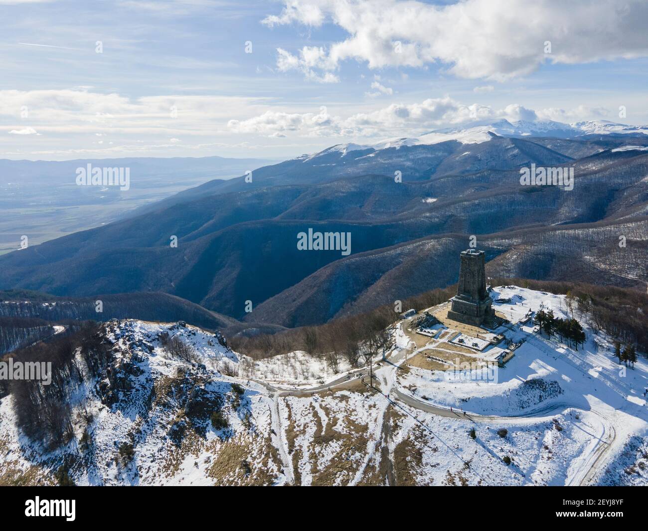 SHIPKA, BULGARIA - JANUARY 24, 2021: Aerial view of Monument to Liberty ...