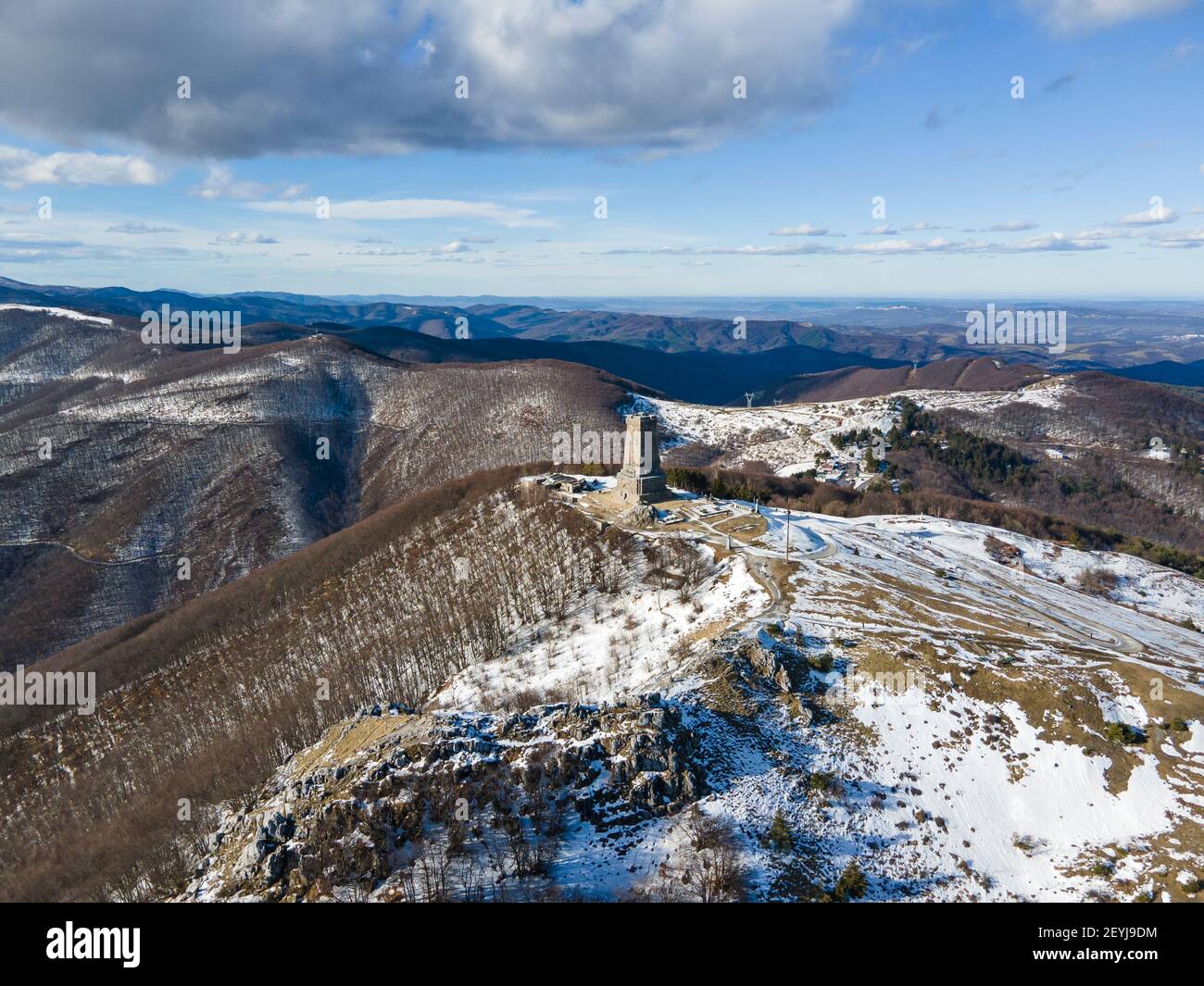 SHIPKA, BULGARIA - JANUARY 24, 2021: Aerial view of Monument to Liberty ...