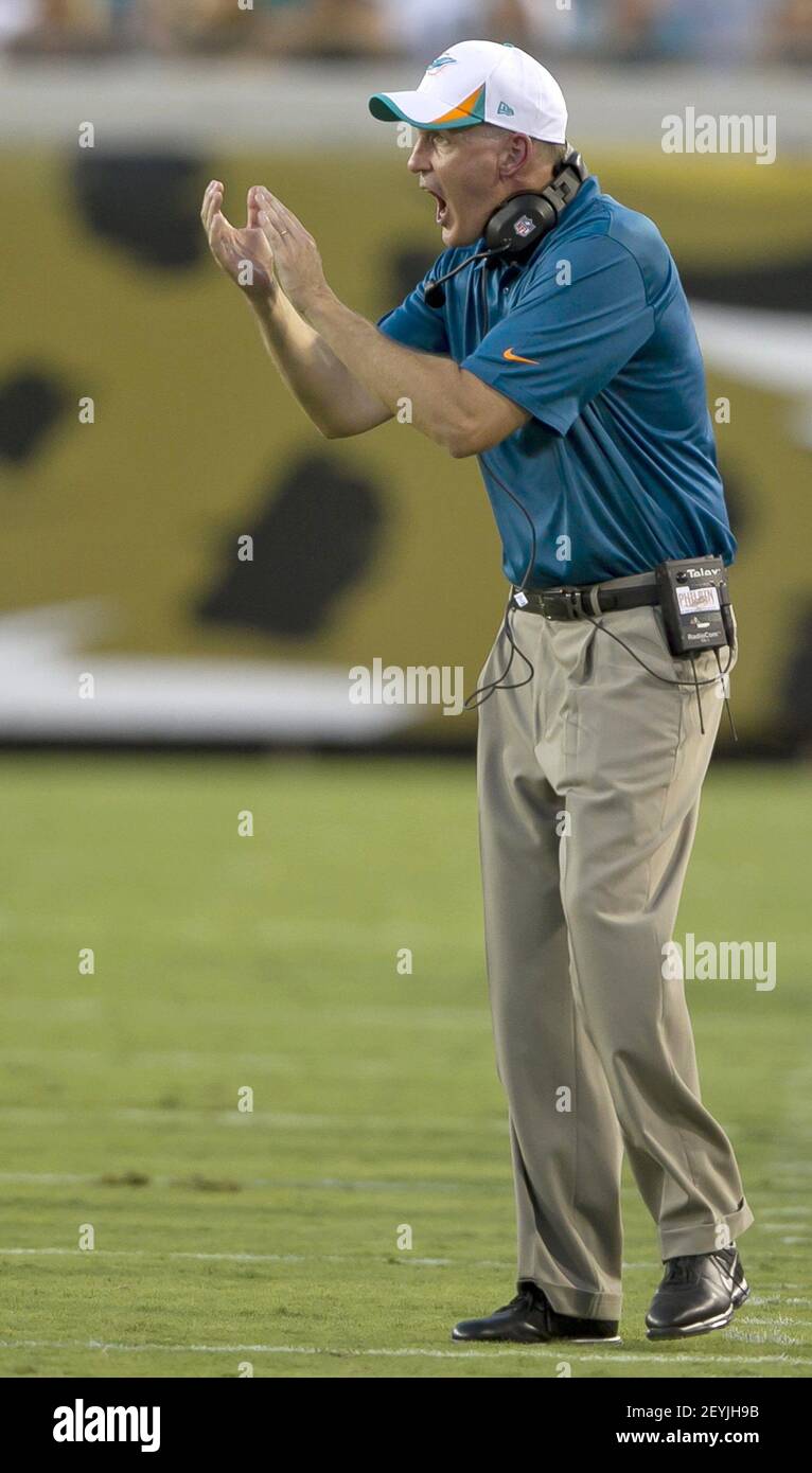 Miami Dolphins head coach Joe Philbin gives encouragement to his team ...