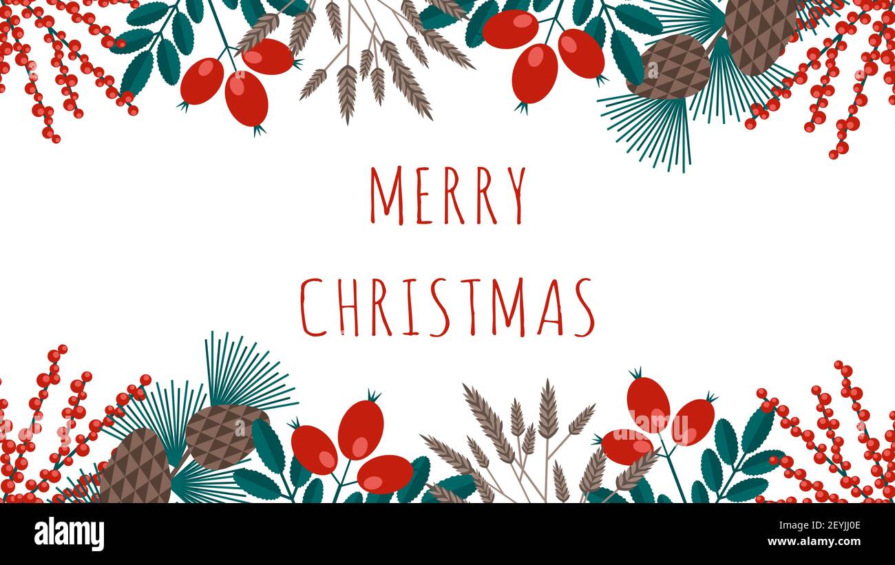 Merry Christmas greeting card with winter plants frame in the retro style. Stock vector ...