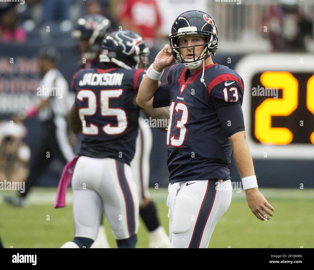T.J. Yates (13) of the Houston Texans leaves the field after throwing ...