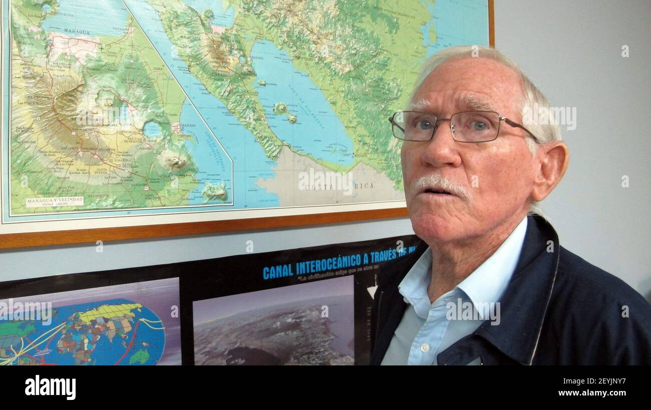 The head of Nicaragua's interoceanic canal authority, Manuel Coronel Kautz, stands before a ...