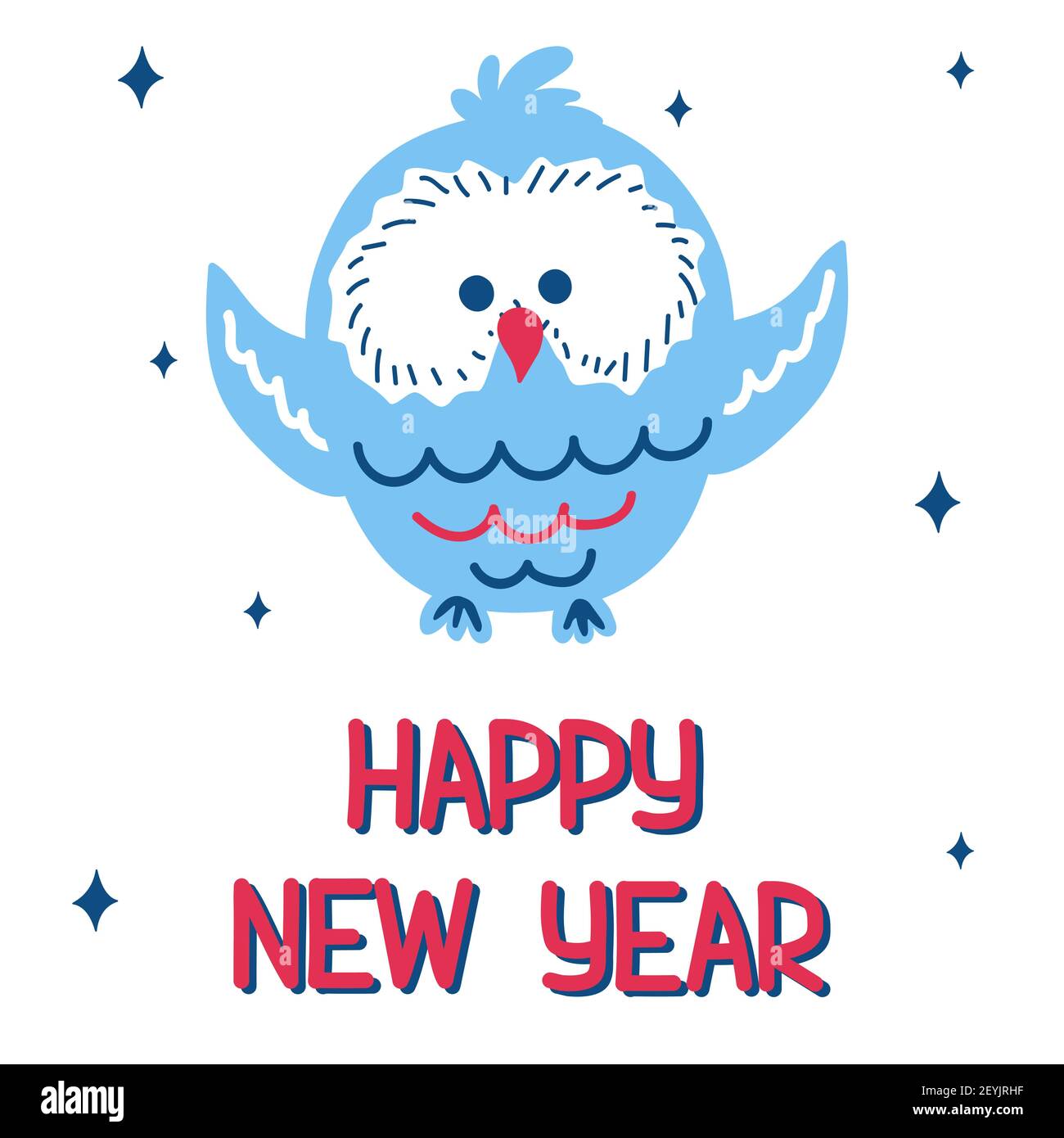 New Year card with a cute blue owl on a white background with a pattern ...